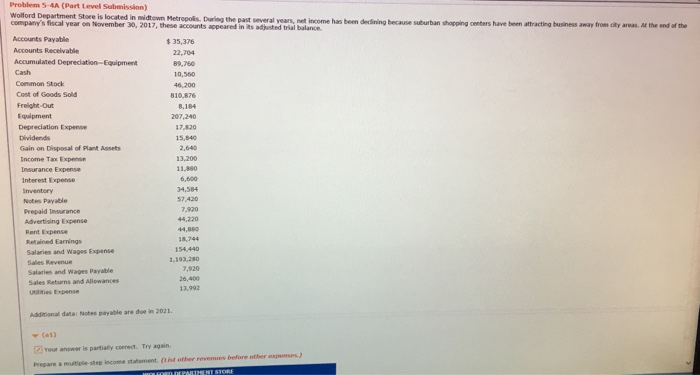 Solved Problem 5-4A (Part Level Submission) | Chegg.com