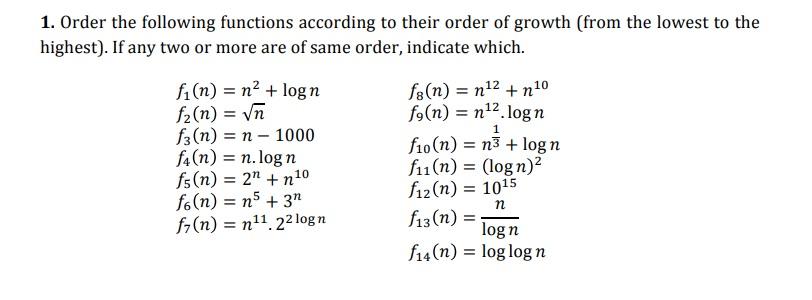 Solved 1. Order the following functions according to their | Chegg.com