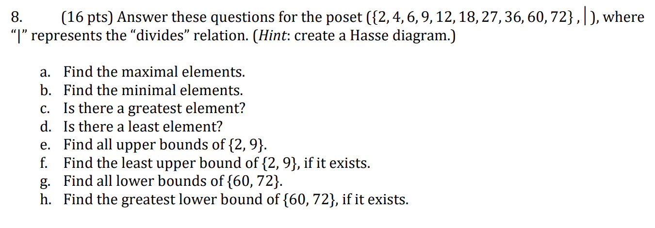 Solved 8. (16 pts) Answer these questions for the poset | Chegg.com