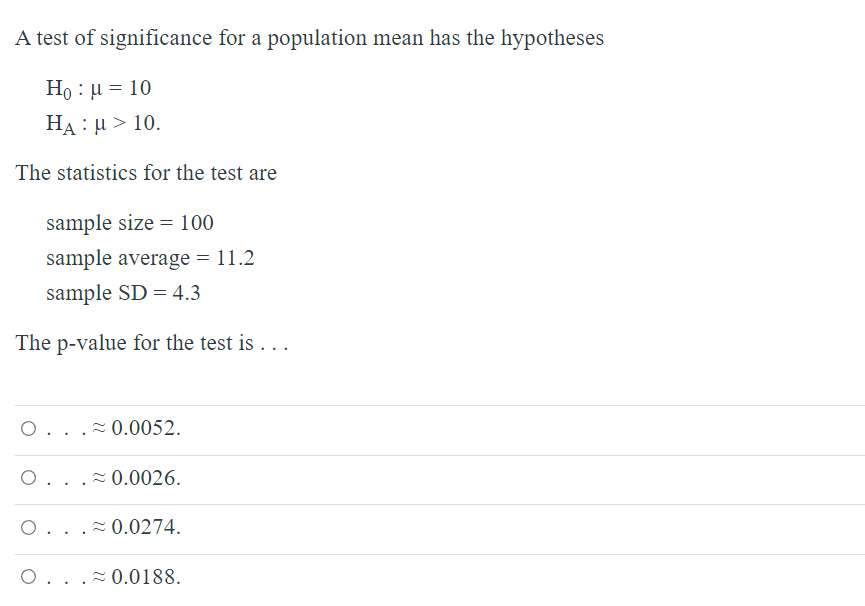 Solved A test of significance for a population mean has the | Chegg.com