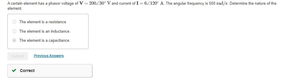 Solved A certain element has a phasor voltage of V = 200230° | Chegg.com
