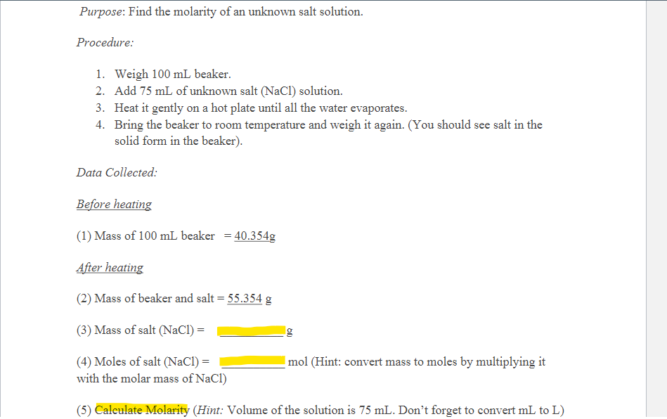Solved Purpose: Find the molarity of an unknown salt | Chegg.com