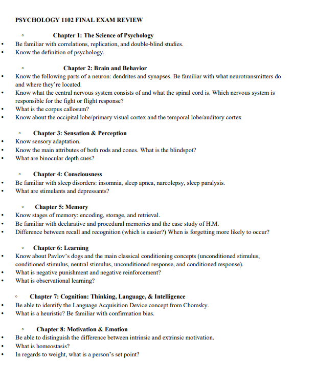 Solved PSYCHOLOGY 1102 FINAL EXAM REVIEW Chapter 1: The | Chegg.com