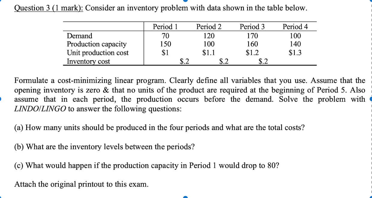 Solved Question 3 (1 mark): Consider an inventory problem | Chegg.com