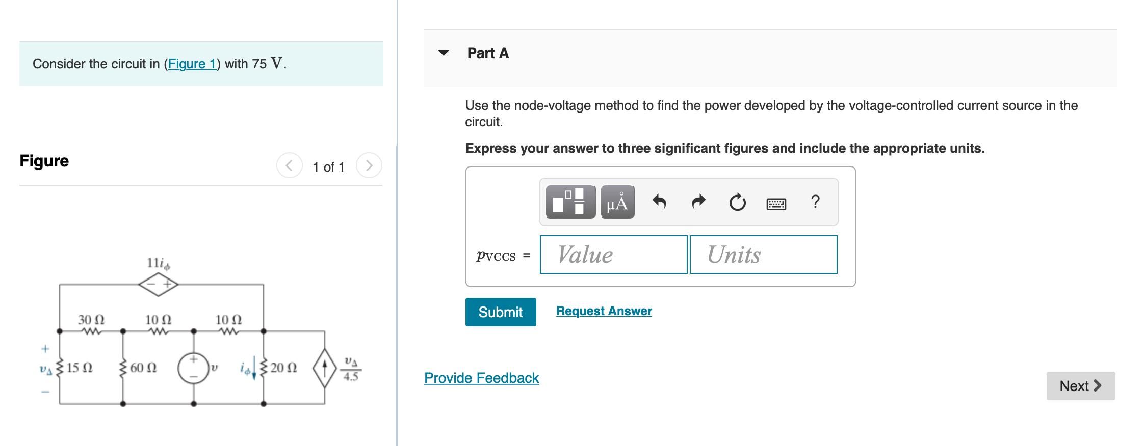 Solved Consider the circuit in (Figure 1) with 75 V V . | Chegg.com