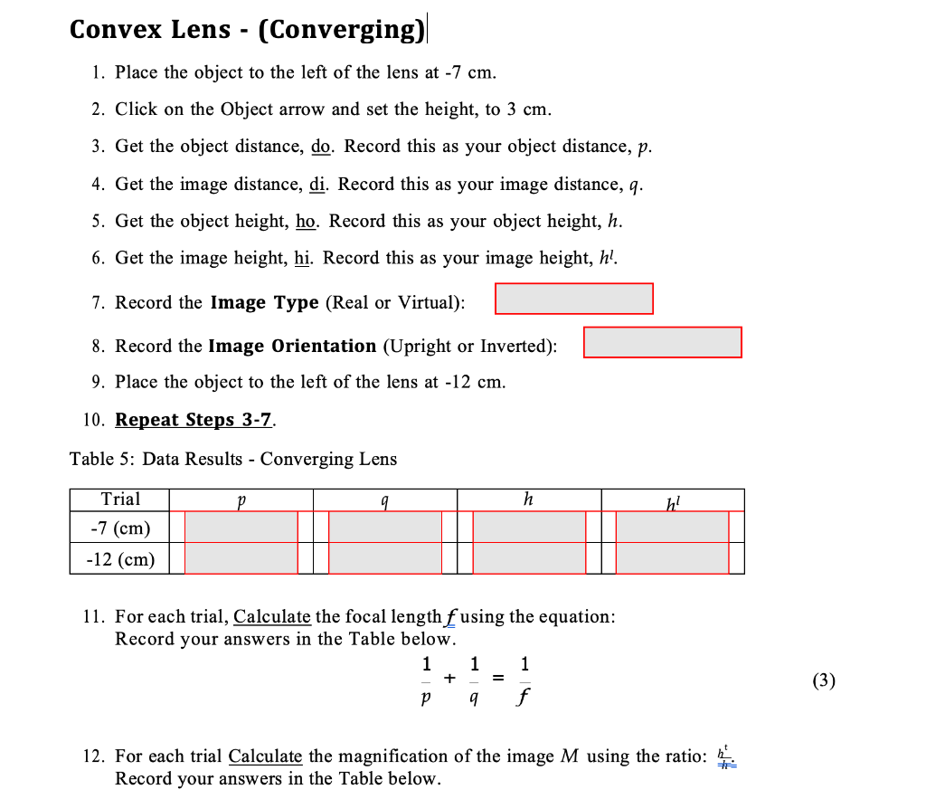 Solved Convex Lens - (Converging) 1. Place the object to the | Chegg.com