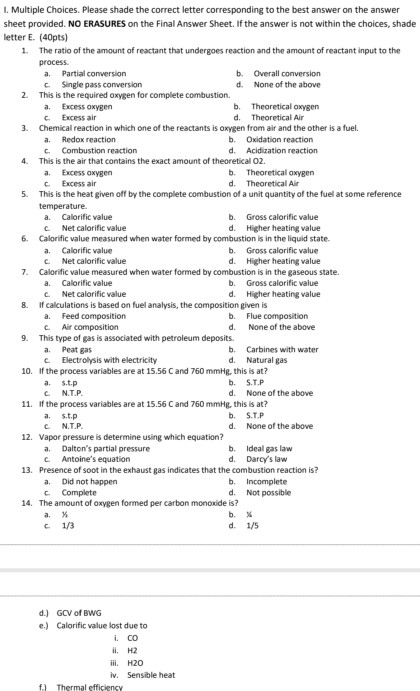 Solved I. Multiple Choices. Please shade the correct letter | Chegg.com
