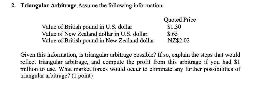Solved 2. Triangular Arbitrage Assume the following | Chegg.com
