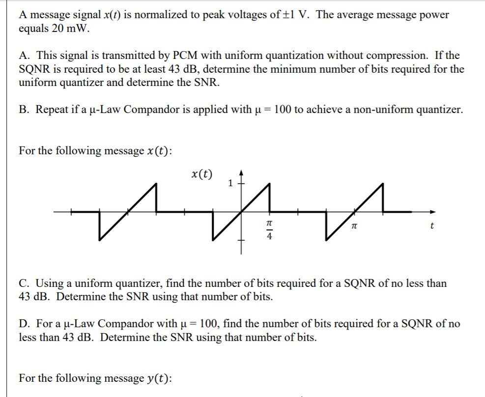 Solved A message signal x(t) is normalized to peak voltages | Chegg.com