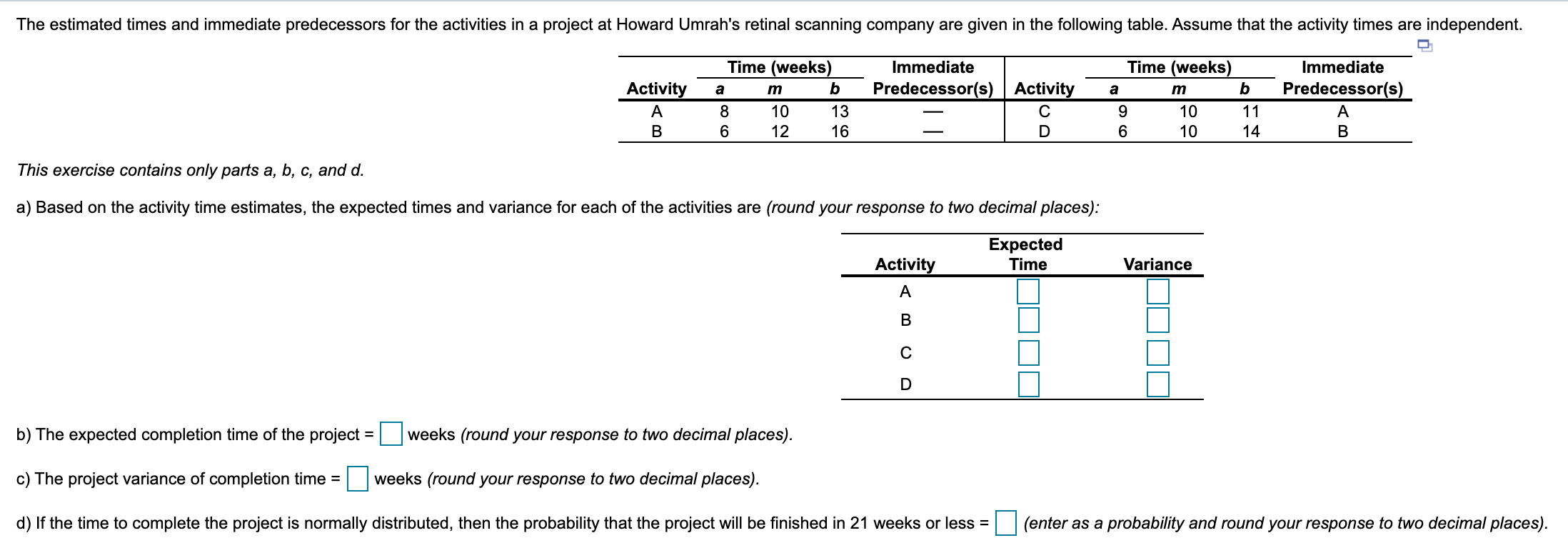 Solved The estimated times and immediate predecessors for | Chegg.com