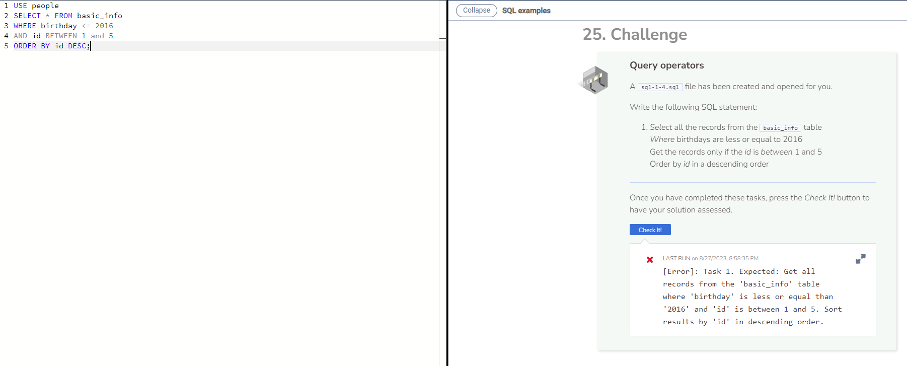 Solved 1 USE people 2 SELECT * FROM basic_info 3 WHERE | Chegg.com