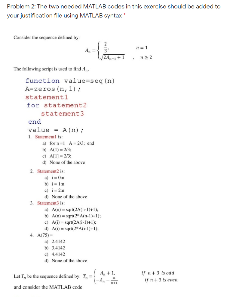 Solved Problem 2: The two needed MATLAB codes in this | Chegg.com