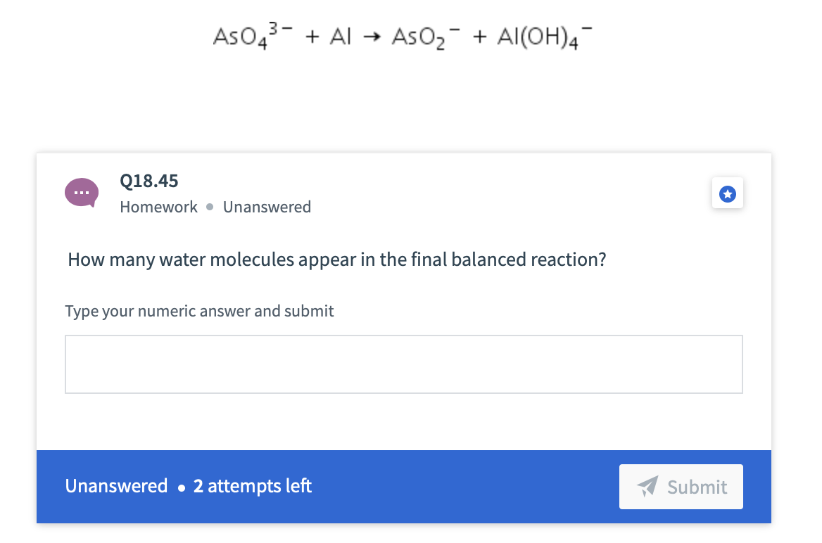 Solved AsO43- + Al → ASO2 - + Al(OH)4 - Q18.45 Homework • | Chegg.com