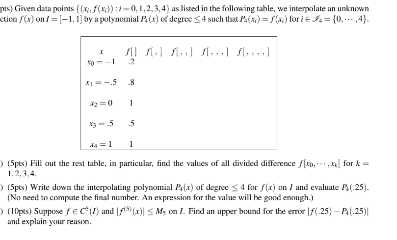 Solved pts) Given data points {(xi,f(xi)):i=0,1,2,3,4} as | Chegg.com