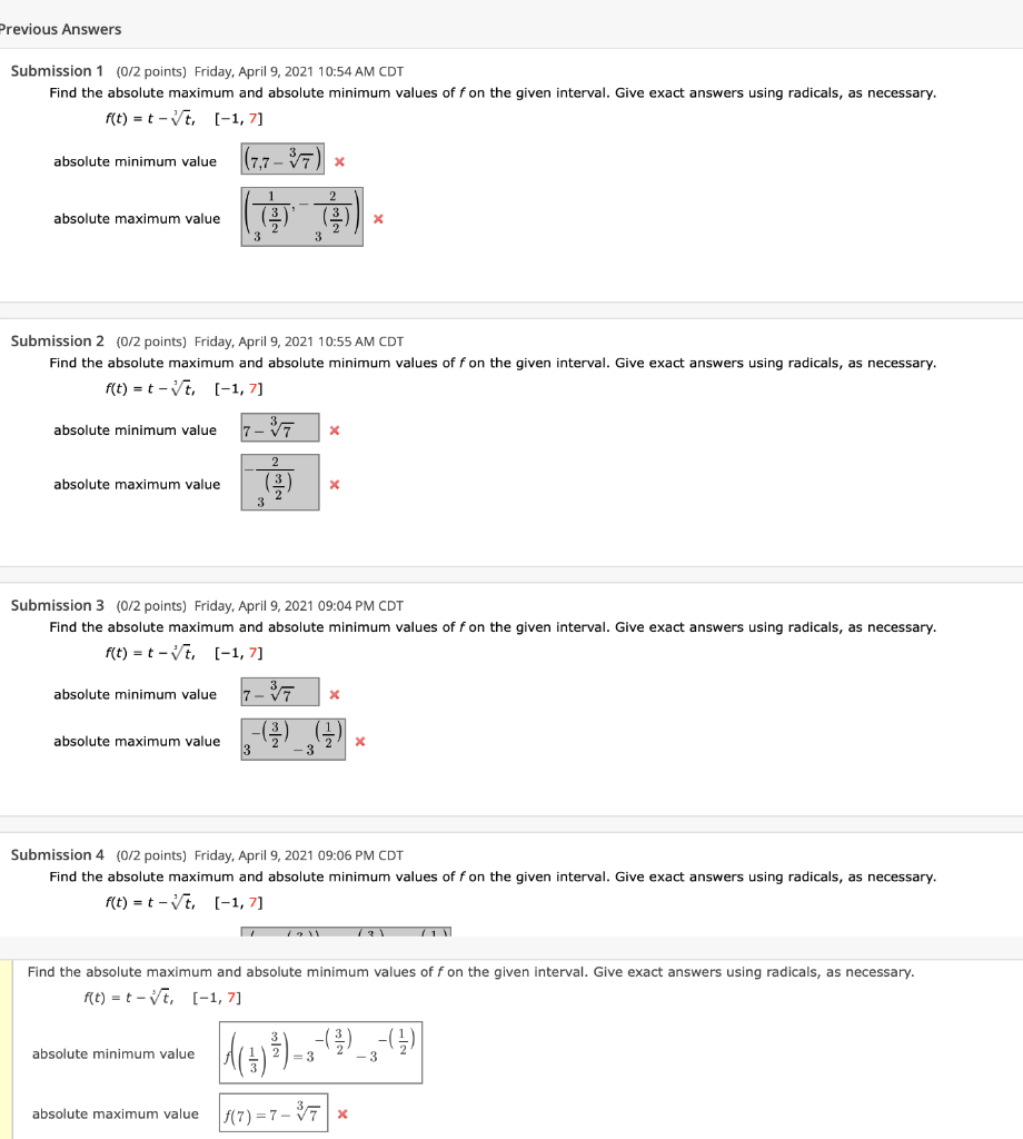 Solved Previous Answers Submission 1 (0/2 points) Friday, | Chegg.com