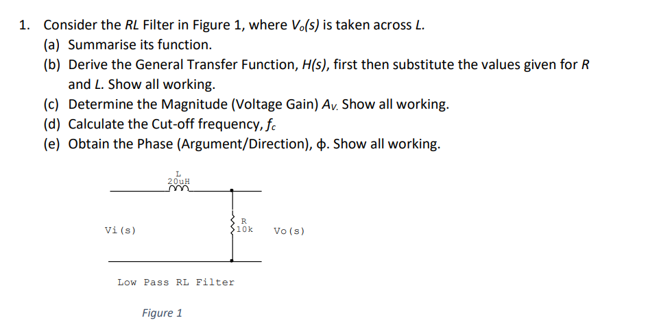 Solved 1. Consider the RL Filter in Figure 1 , where Vo(s) | Chegg.com
