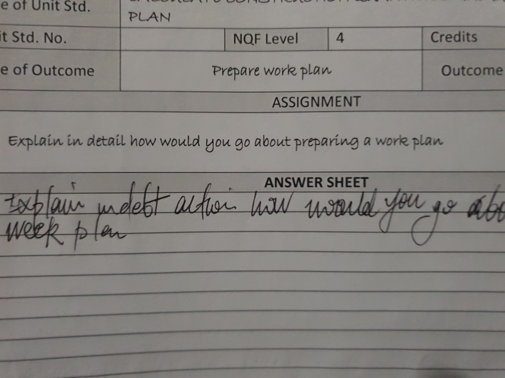 e of Unit Std. PLAN it Std. No. Credits NQF Level e | Chegg.com