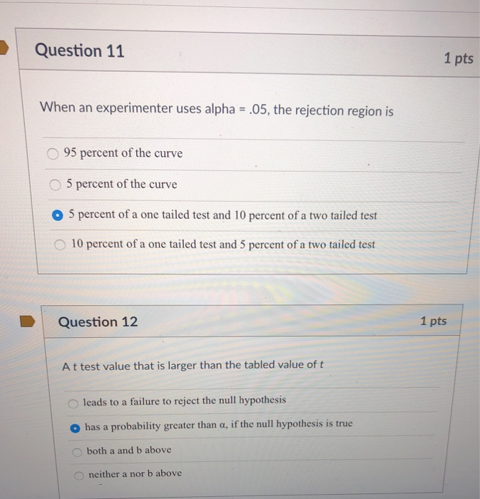 Solved Question 11 1 pts When an experimenter uses alpha 05, | Chegg.com
