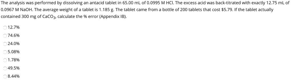 Solved The analysis was performed by dissolving an antacid | Chegg.com