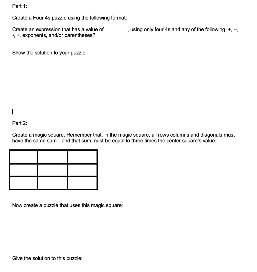 Solved Part 1: Create a Four 4s puzzle using the following | Chegg.com