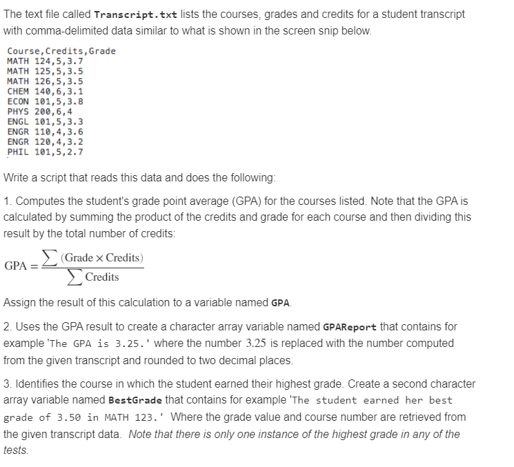 Solved The text file called Transcript.txt lists the | Chegg.com