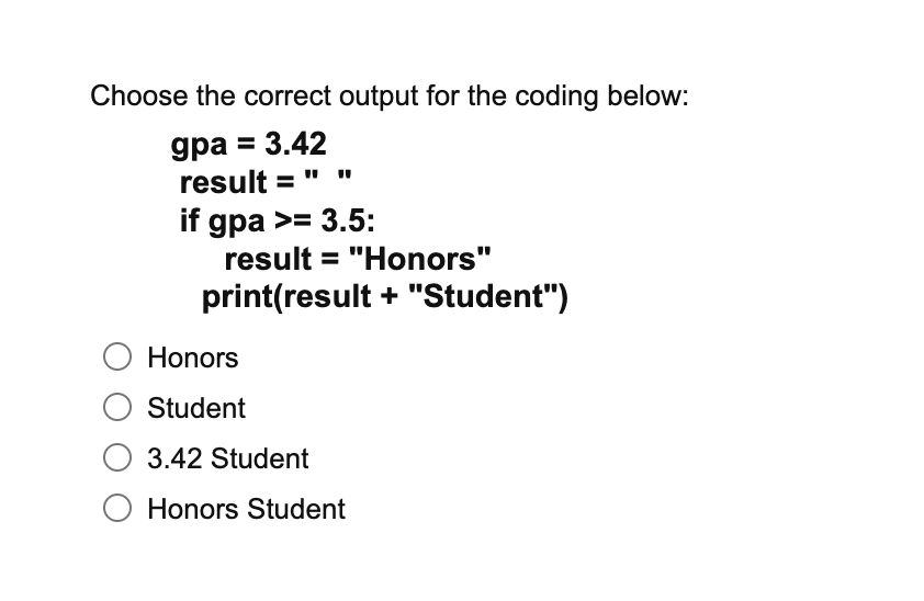 Solved Choose the correct output for the coding below: \\[ | Chegg.com