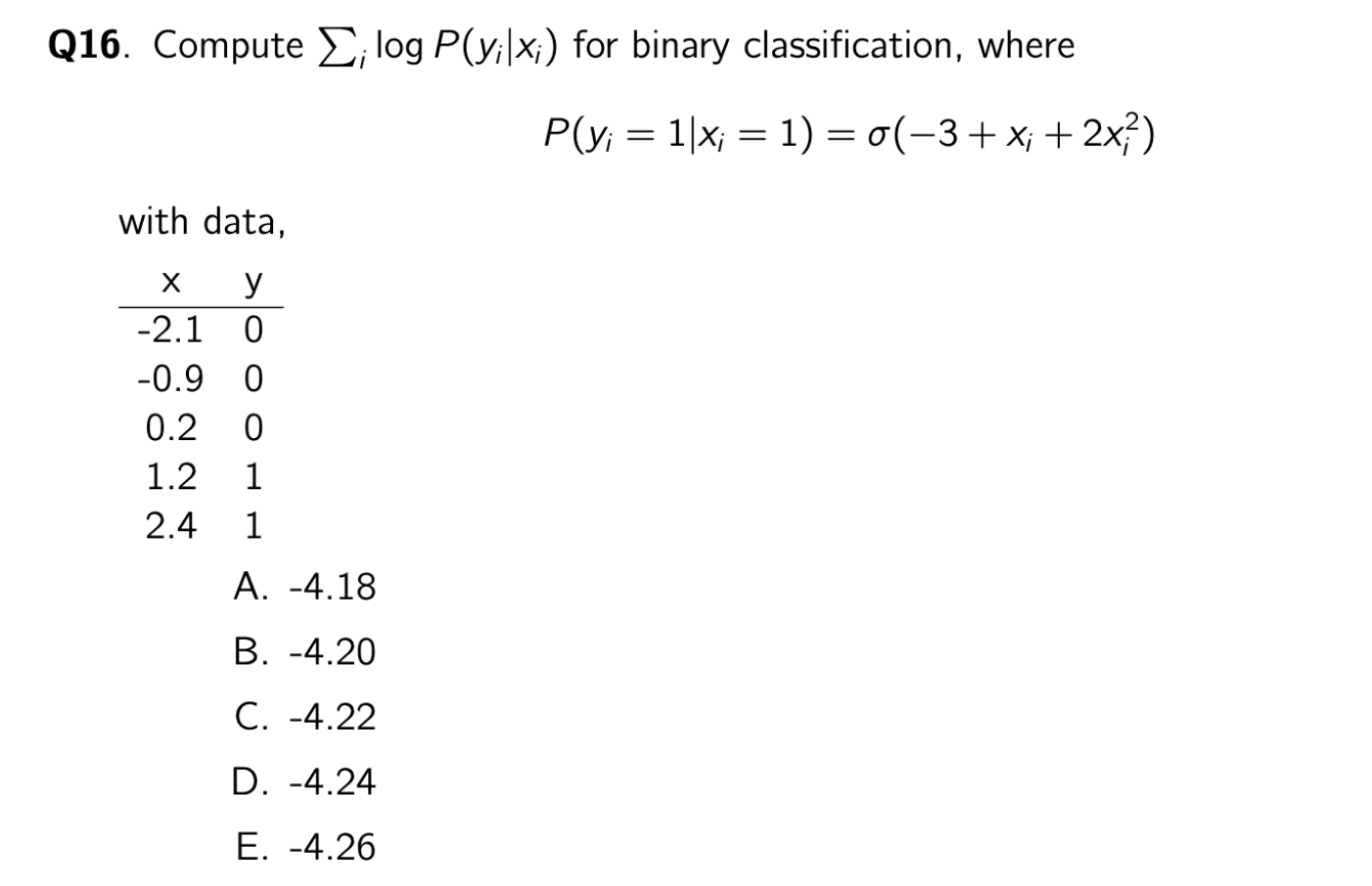 Solved Q16. Compute ∑ilogP(yi∣xi) for binary classification, | Chegg.com