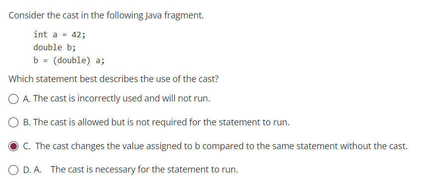 Consider the cast in the following Java fragment. int | Chegg.com