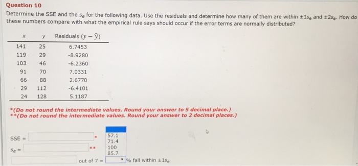 Solved Question 10 Determine the SSE and the se for the | Chegg.com