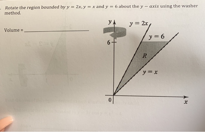 Solved Rotate the region bounded by y = 2x,y = x and y = 6 | Chegg.com