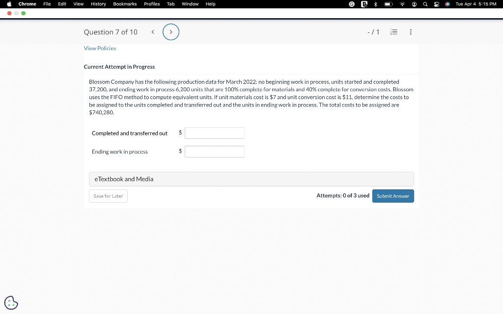 Solved Blossom Company has the following production data for | Chegg.com