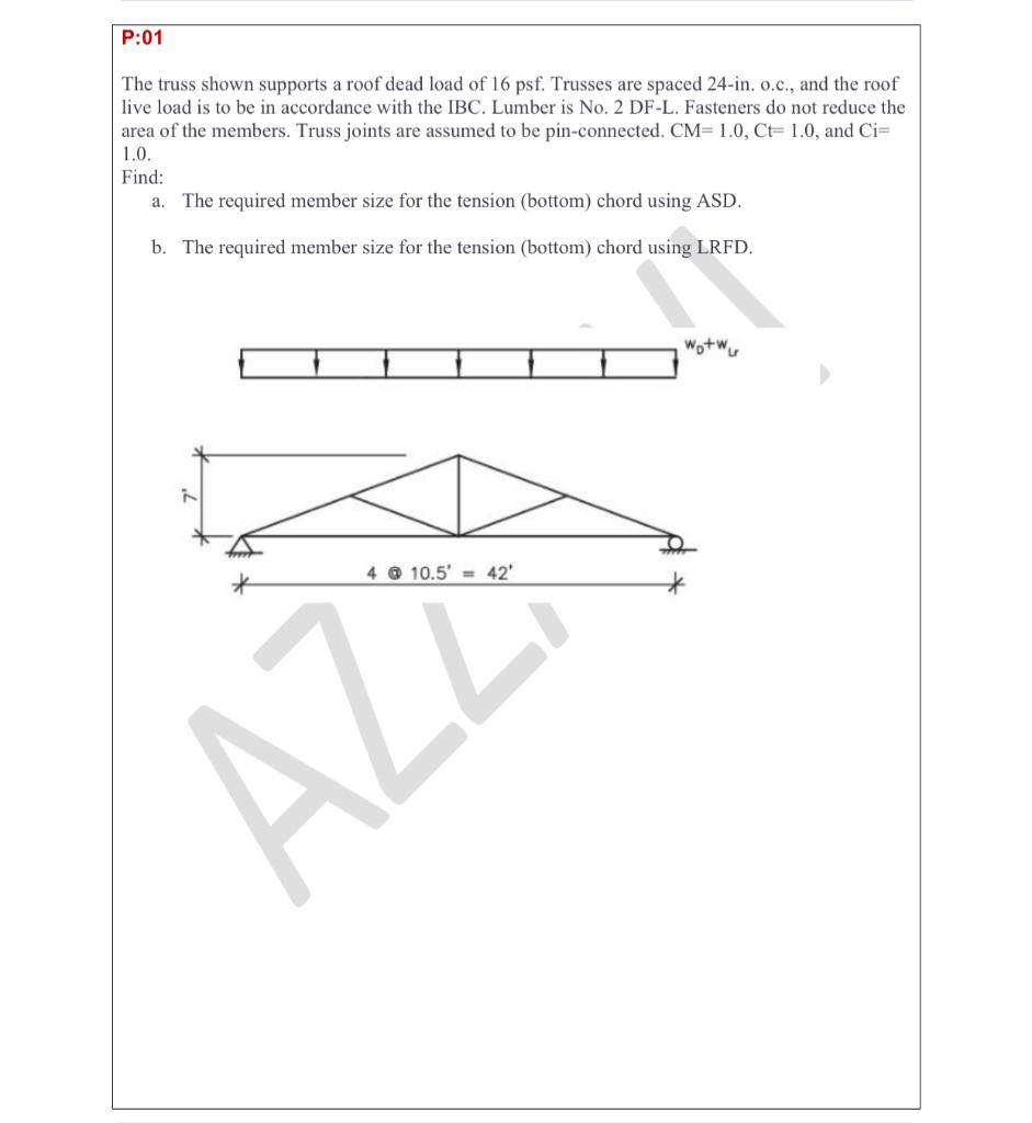 Solved P:01 The truss shown supports a roof dead load of 16 | Chegg.com