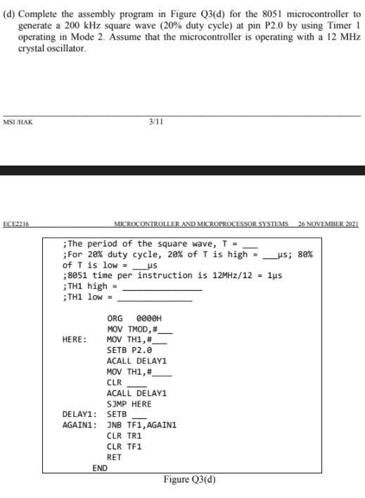 Solved (d) Complete the assembly program in Figure Q3(d) for | Chegg.com