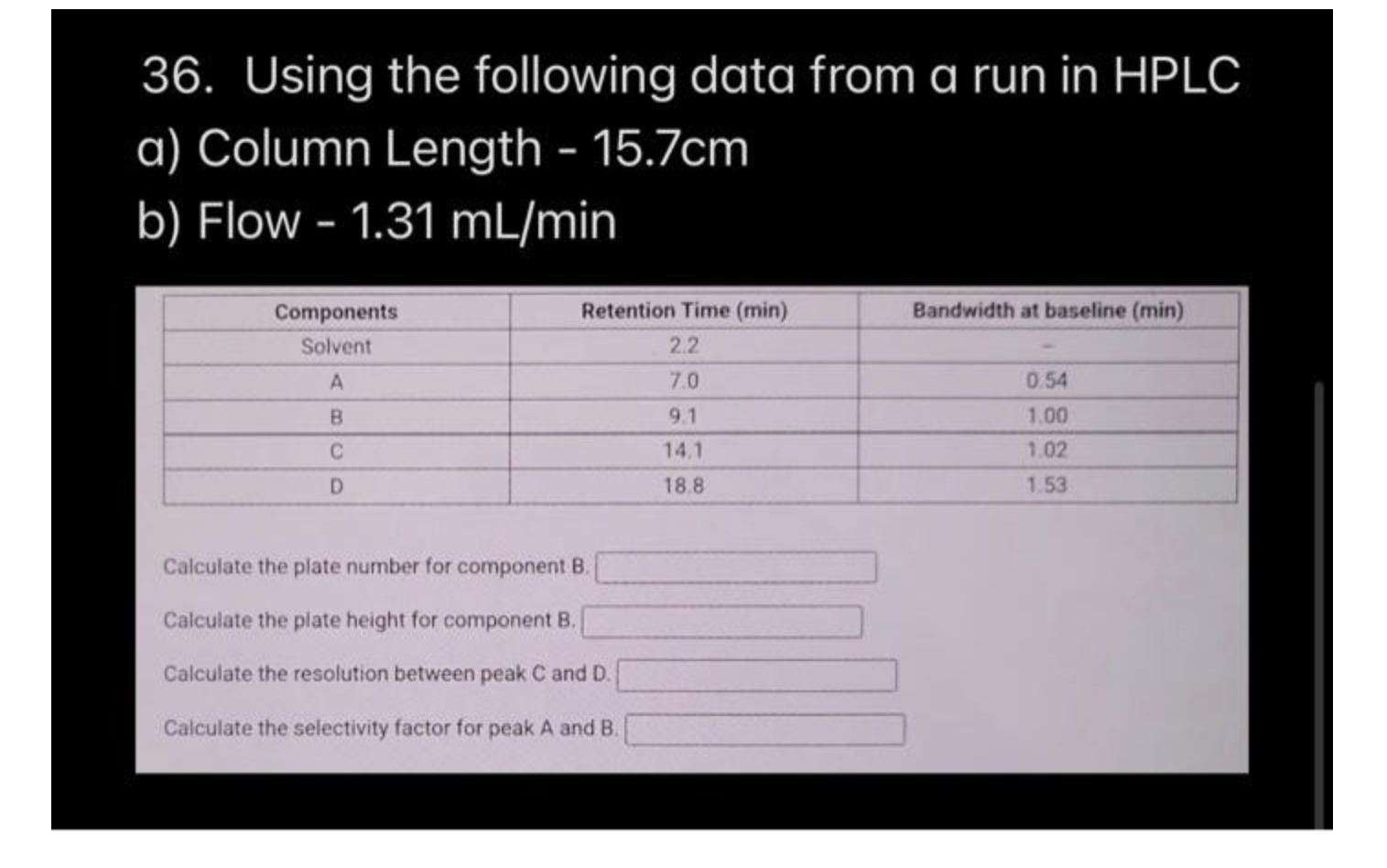 Solved 36. Using the following data from a run in HPLC a) | Chegg.com