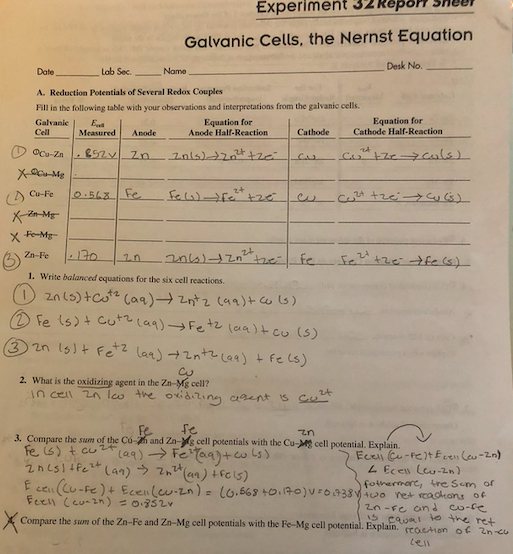 Solved Experiment 32 Re Galvanic Cells, the Nernst Equation | Chegg.com
