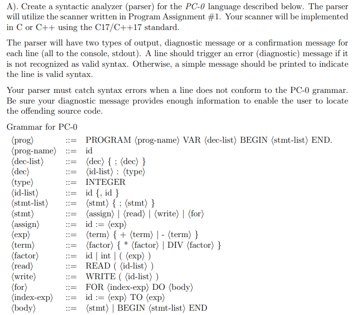 Solved A). Create a syntactic analyzer (parser) for the PC-O | Chegg.com