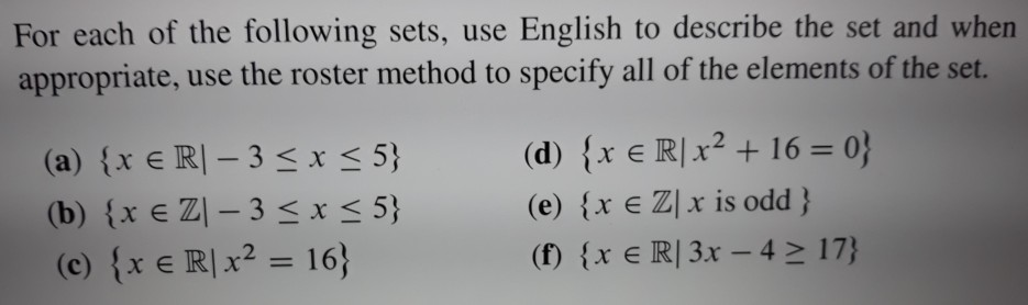 Solved For each of the following sets, use English to | Chegg.com