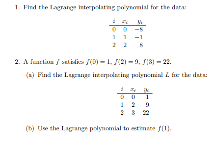 Solved 1. Find the Lagrange interpolating polynomial for the | Chegg.com