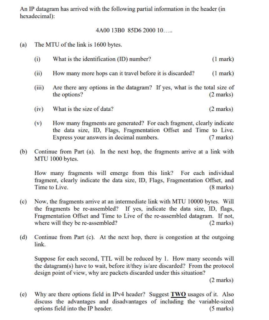 Solved An IP datagram has arrived with the following partial | Chegg.com