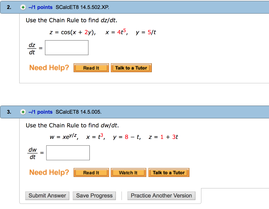 Solved 2. +-/1 points SCalcET8 14.5.502.XP. Use the Chain | Chegg.com