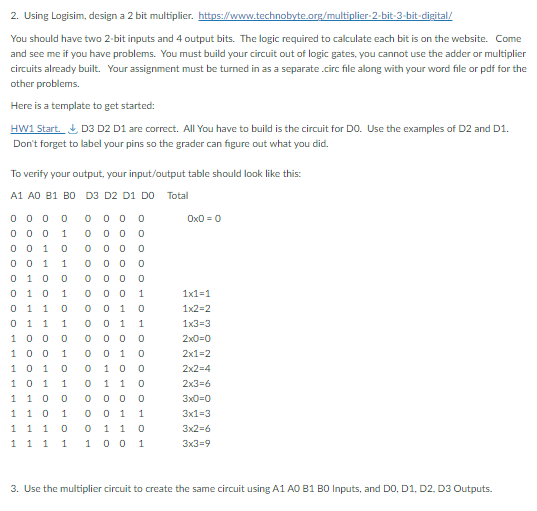 Solved 2 Using Logisim Design A 2 Bit Multiplier 