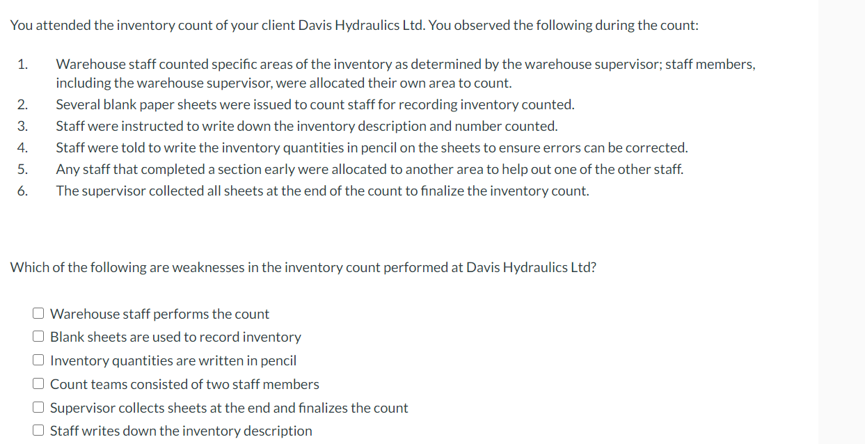 Solved You attended the inventory count of your client Davis | Chegg.com