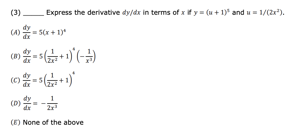 Solved 1/(2x2) (u + 1)5 and u = Express the derivative dy/dx | Chegg.com