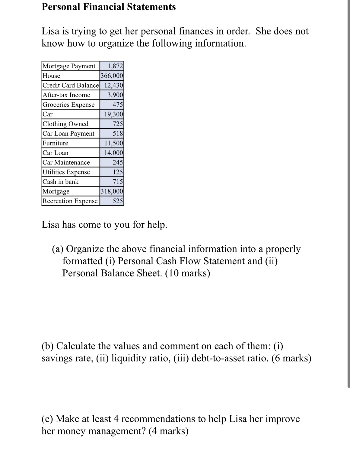 Solved Personal Financial Statements Lisa is trying to get | Chegg.com