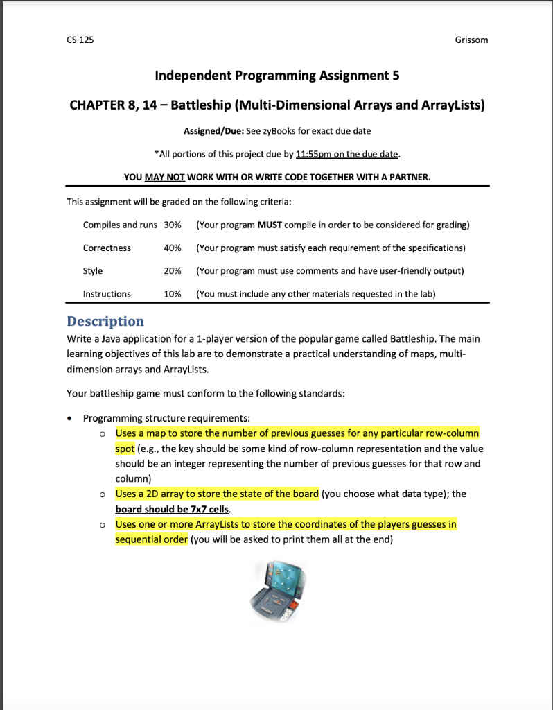 CS 125 Grissom Independent Programming Assignment 5 | Chegg.com