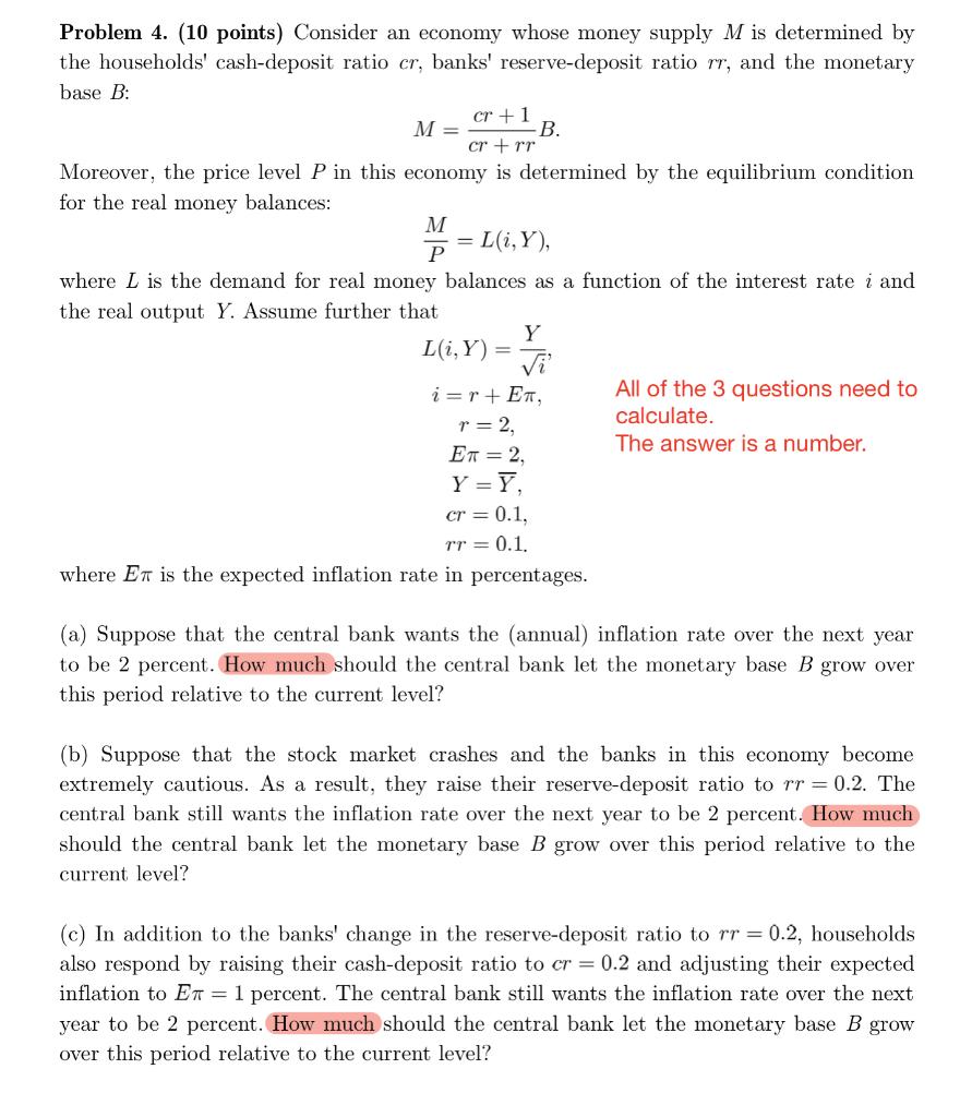 Solved cr +1 Problem 4. (10 points) Consider an economy | Chegg.com
