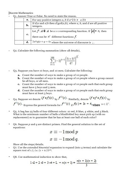 Solved Discrete Mathematics Qu. Answer True or False. No | Chegg.com