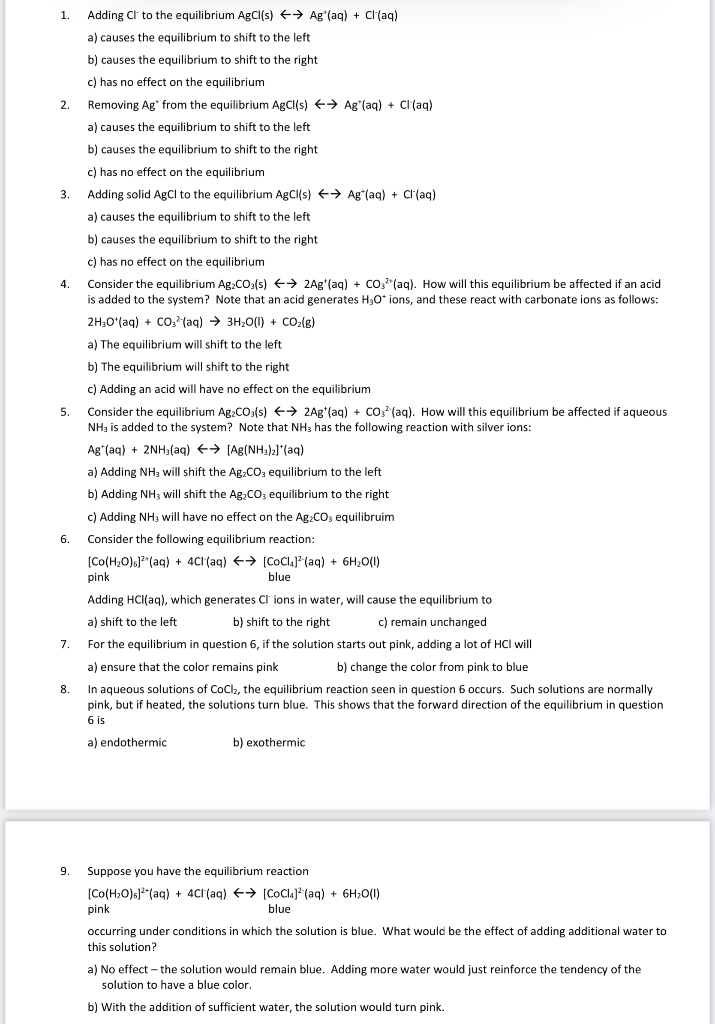 Solved 1. Adding Cl−to the equilibrium | Chegg.com