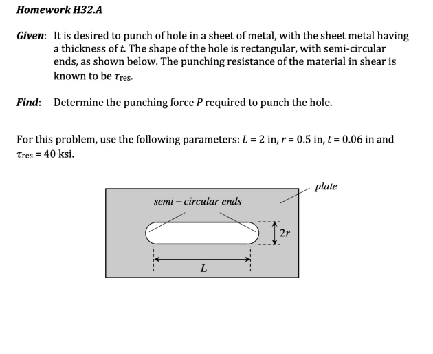 Solved Homework H32.A Given: It is desired to punch of hole | Chegg.com