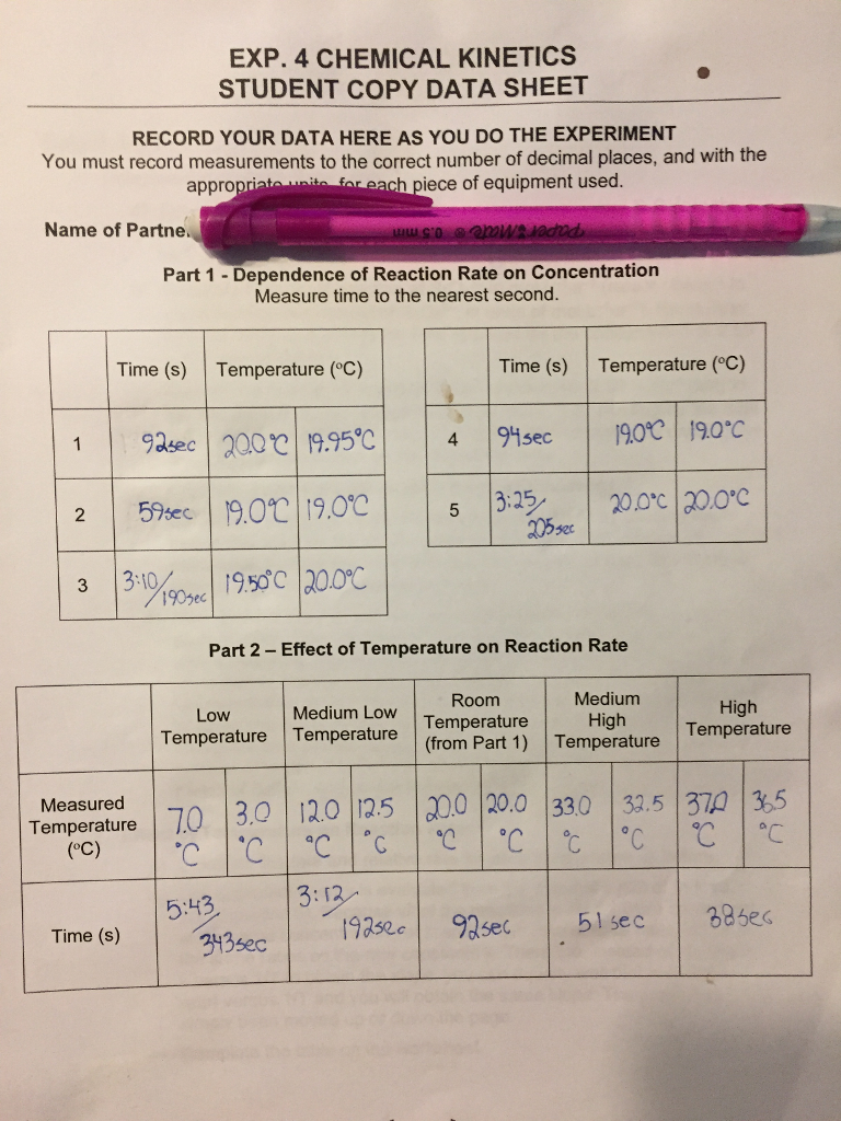 Solved EXP. 4 CHEMICAL KINETICS STUDENT COPY DATA SHEET | Chegg.com